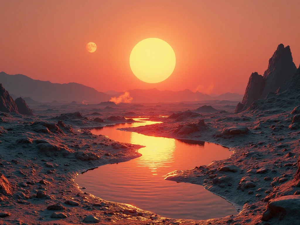 Planet surface sunset time,, sunset with metal liquid,, small blood ...