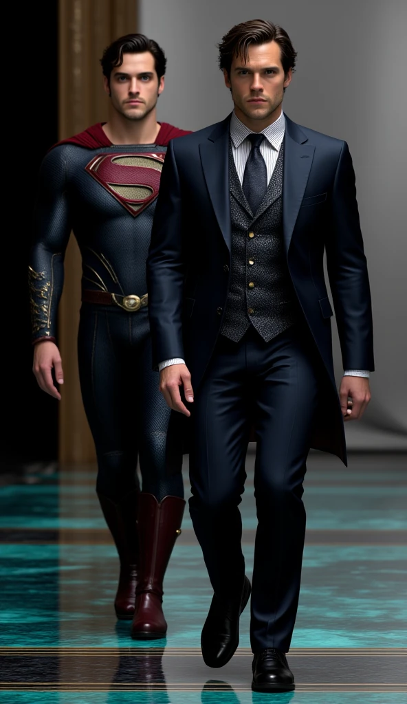 Henry cavill walking on a luxurious fashion runway beside his superhero ...