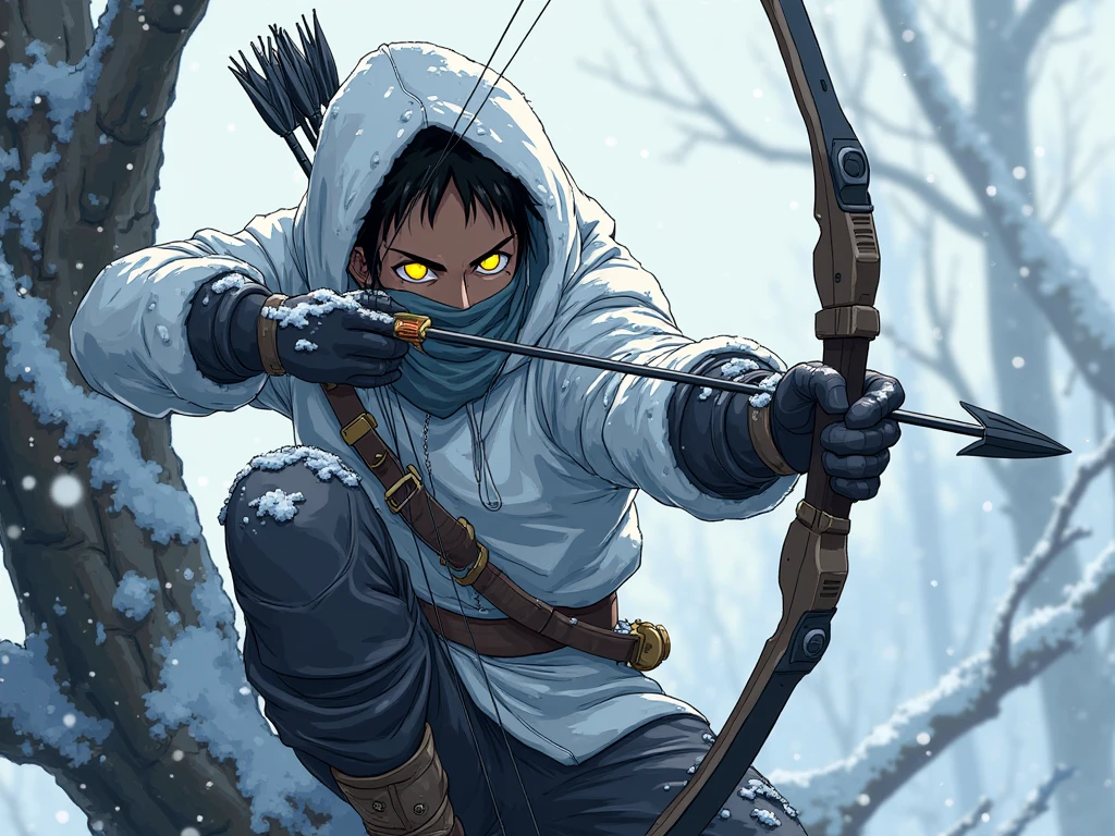 Anime-style archer perched high on a snowy tree branch, ready to shoot ...