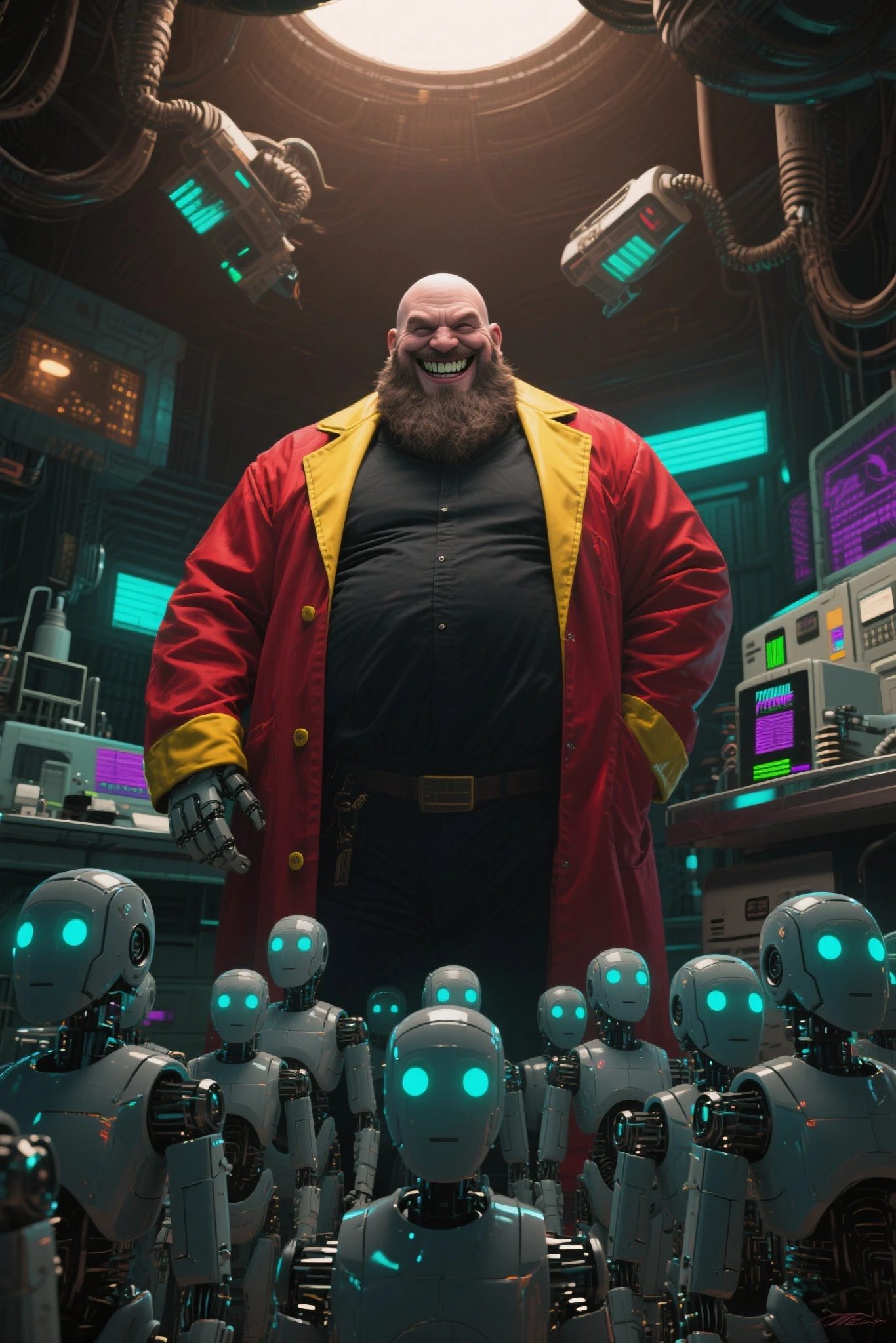 Fat scientist with an evil smile,red and black coat,Yellow Accent ...