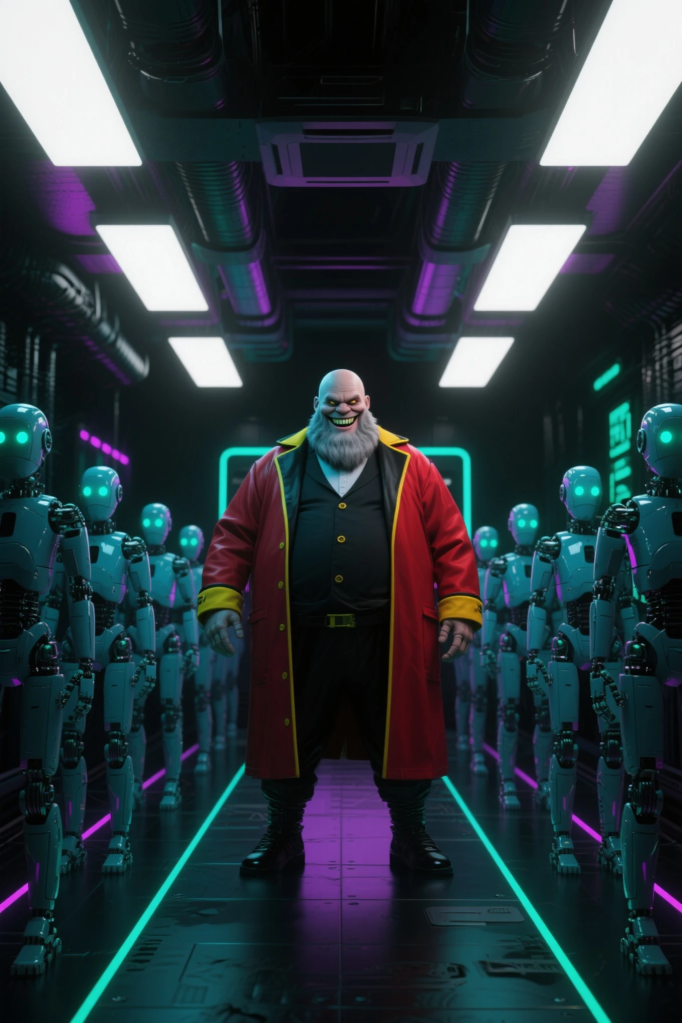 Fat scientist with an evil smile,red and black coat,Yellow Accent ...
