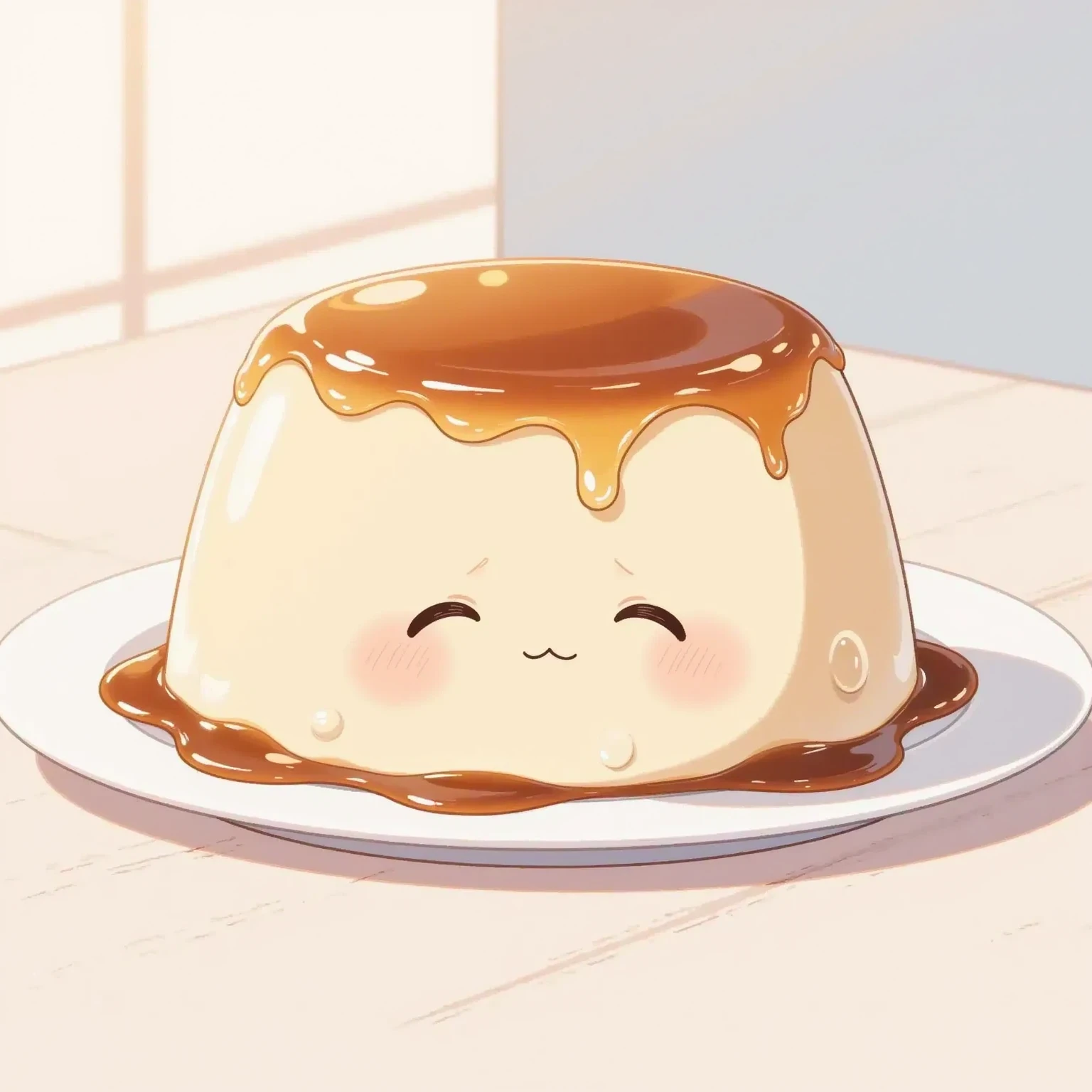 A cute anime-style illustration of a softly jiggling pudding on a plate ...
