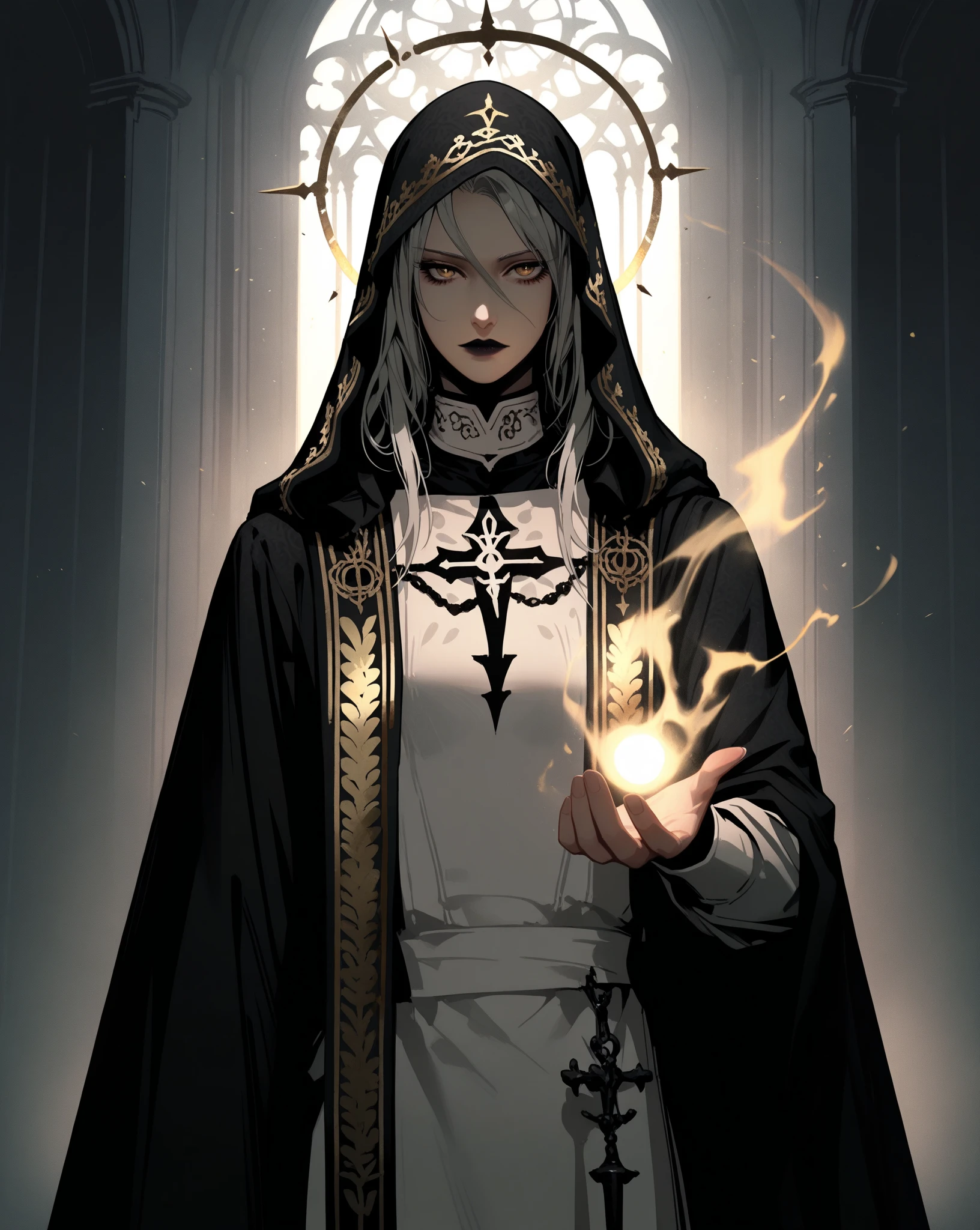 A beautiful and enigmatic female priest, long silver hair, golden eyes ...