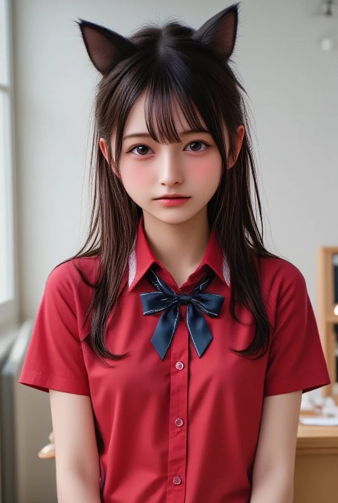 Cat ear model wearing a polo shirt has red eyes - SeaArt AI