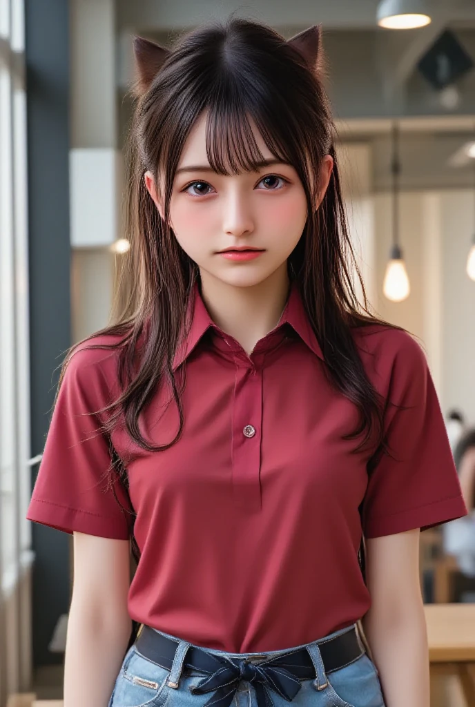 Cat ear model wearing a polo shirt has red eyes - SeaArt AI