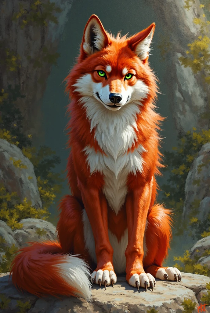 Create a realistic painting of a 23-year-old Beta wolf, with fiery red ...