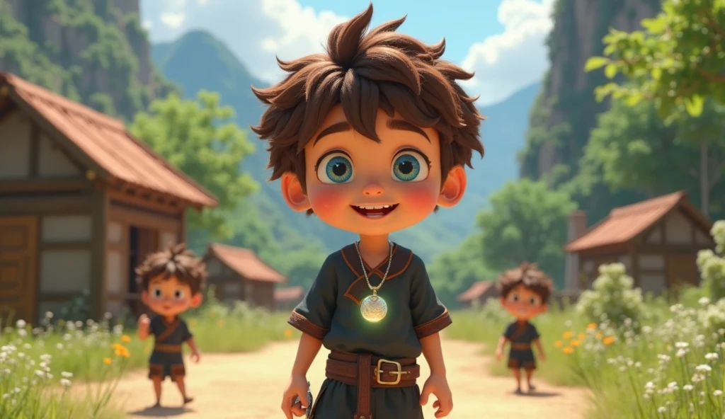 "A cute animated boy with curly brown hair and big blue eyes - SeaArt AI