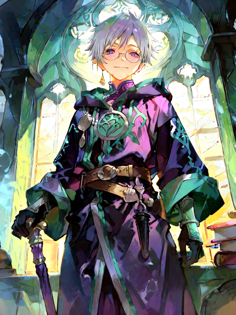Beautiful young alchemist boy with short silver hair、Round Glasses ...