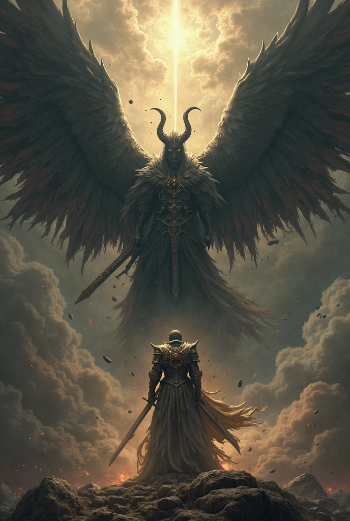 Make an image of the archangel Michael fighting the devil in darkness ...