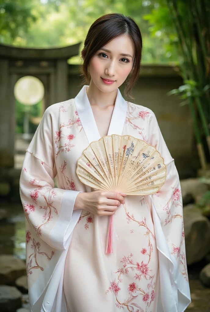 A girl in Hanfu stood in the garden of Suzhou with round fans - SeaArt AI