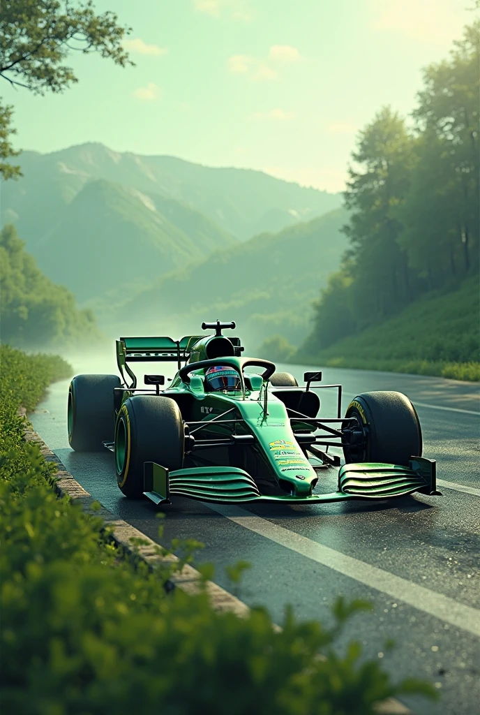 Formula one car in landscape and of green colour - SeaArt AI
