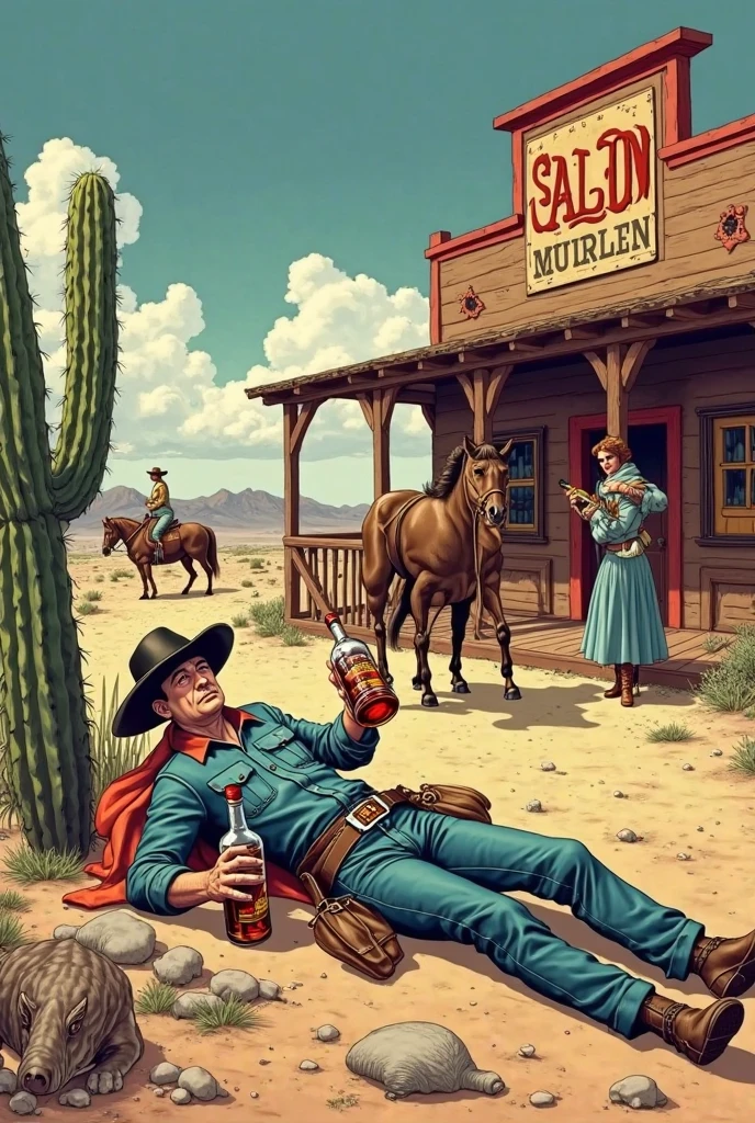Hyperrealistic color comic 1950s look a drunk cowboy next to a saloon ...