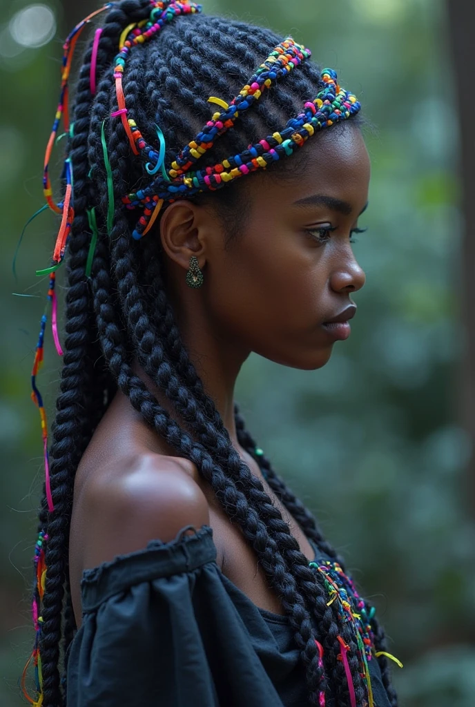 Hair: Black braids like night. Hair decoration: colored ribbons ...