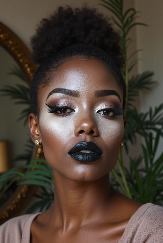 A realistic portrait of a dark-skinned African woman wearing ...