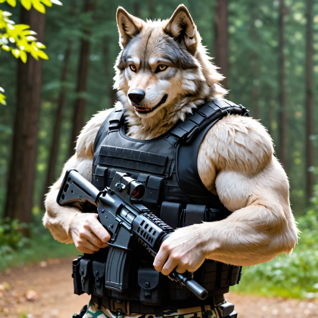 The muscular wolf, bulletproof vest,gun - SeaArt AI