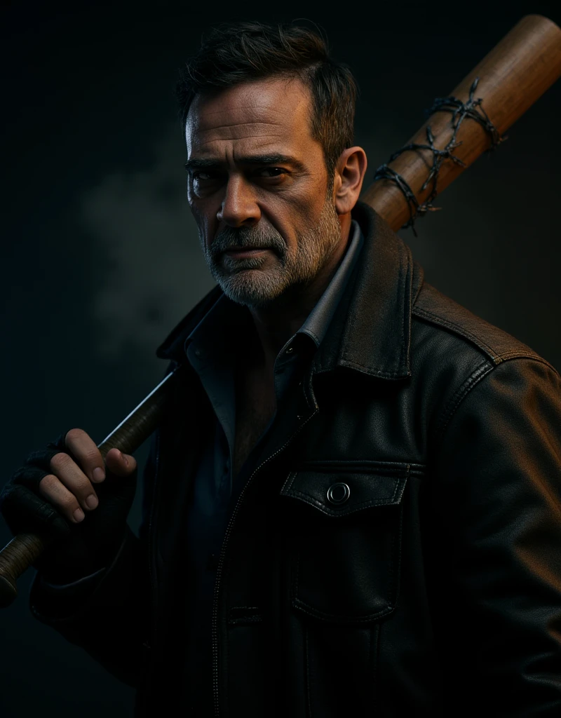 Negan from The Walking Dead with his baseball bat, leather jacket ...