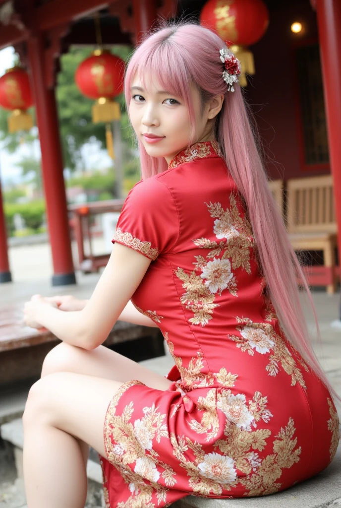 Side rear view，The camera angle moves from low to high，An anime girl ...