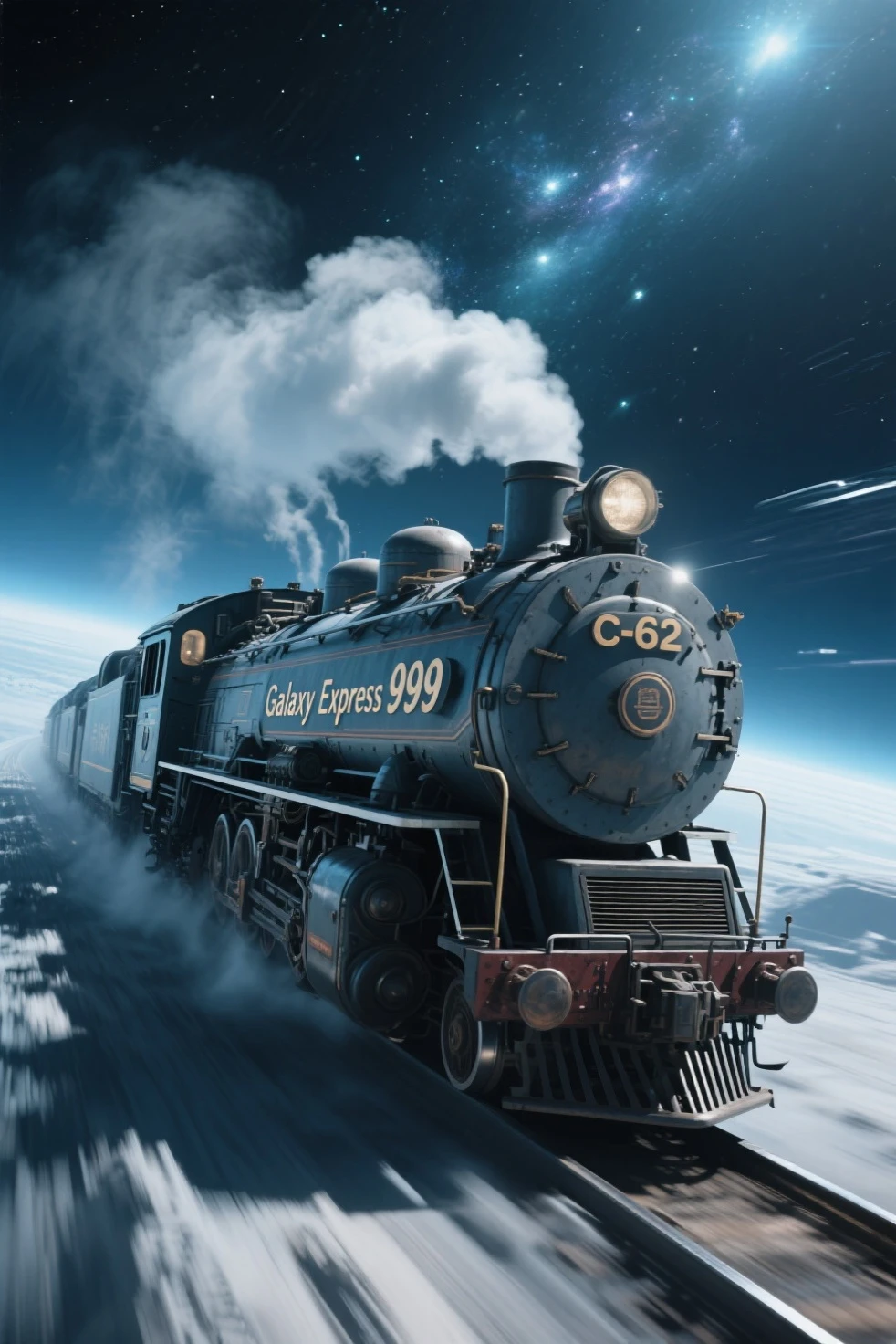 Galaxy Express 999, a steam locomotive (C-62) running through space ...
