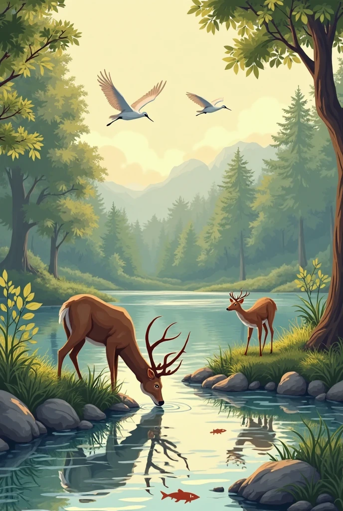 Close-ups of deer drinking from a stream, egrets flying above the lake ...