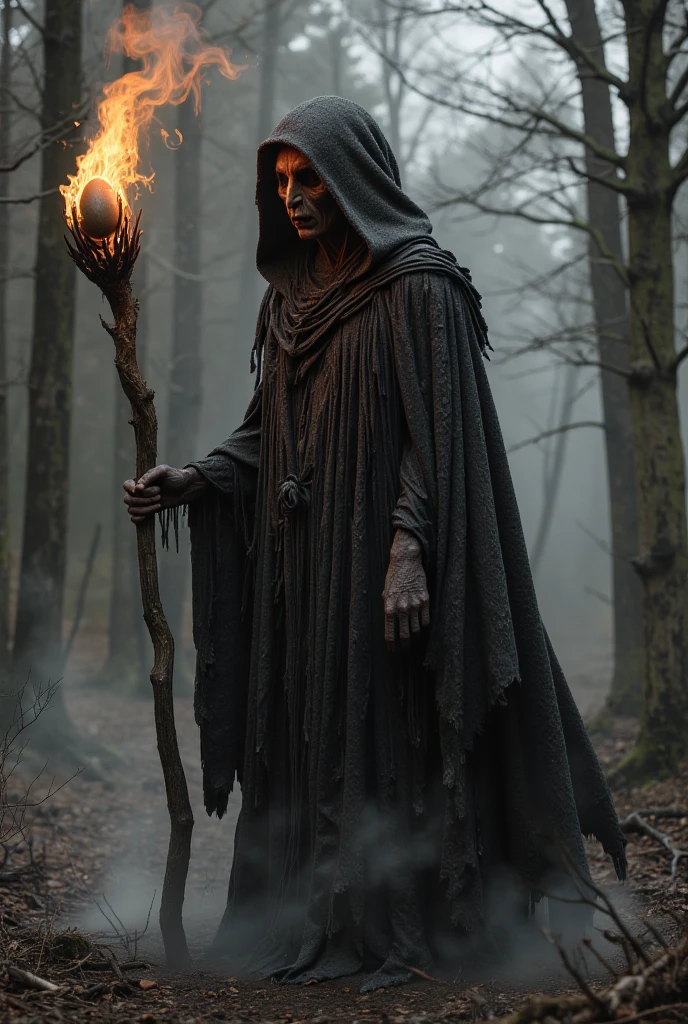 Horror wizzard with black robe, black cloak, black hood, very ragged ...