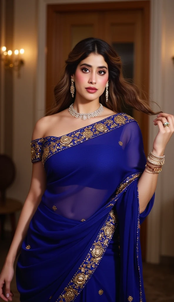 A stunning woman poses gracefully in an elegant saree, draped in a deep ...