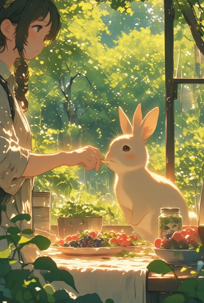 Minki feeding the hungry rabbit Tinki with fresh berries and grass ...