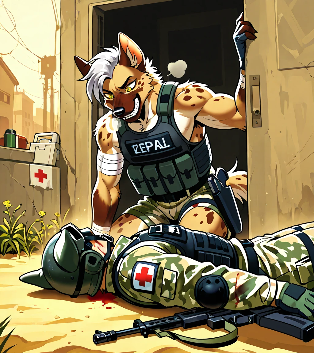 Anthropomorphic special forces jackal, muscular build, short gray hair ...