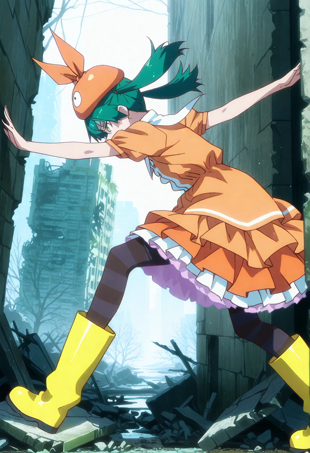Stylish pose, Ruins,YotsugiOnonoki,1girl,green hair,twintails - SeaArt AI