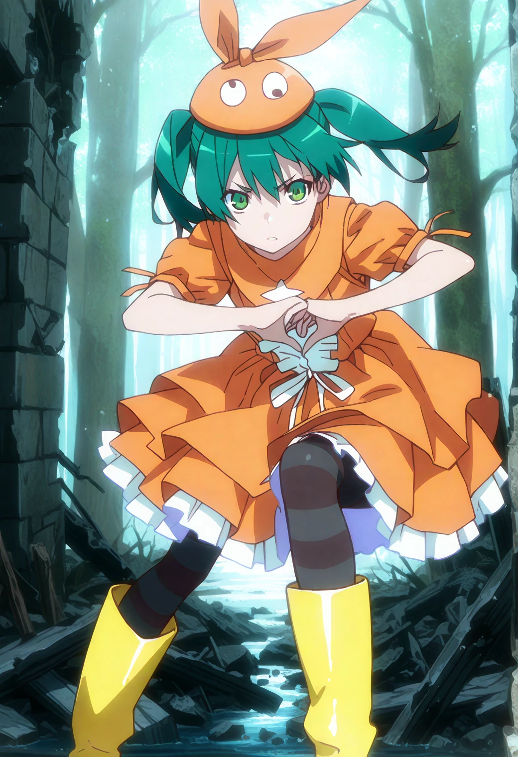 Stylish pose, Ruins,YotsugiOnonoki,1girl,green hair,twintails - SeaArt AI