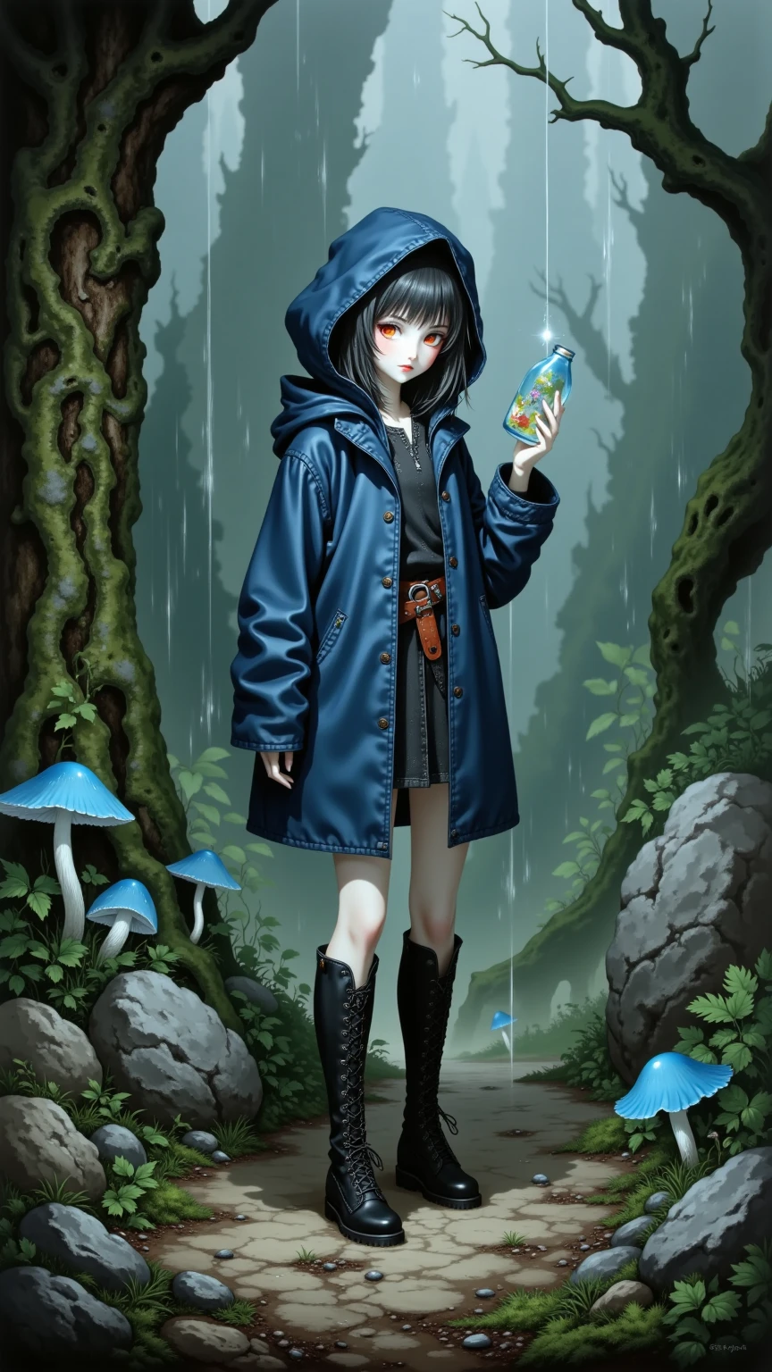 A 1/7 scale anime-style figurine of a slender girl standing in a mossy ...