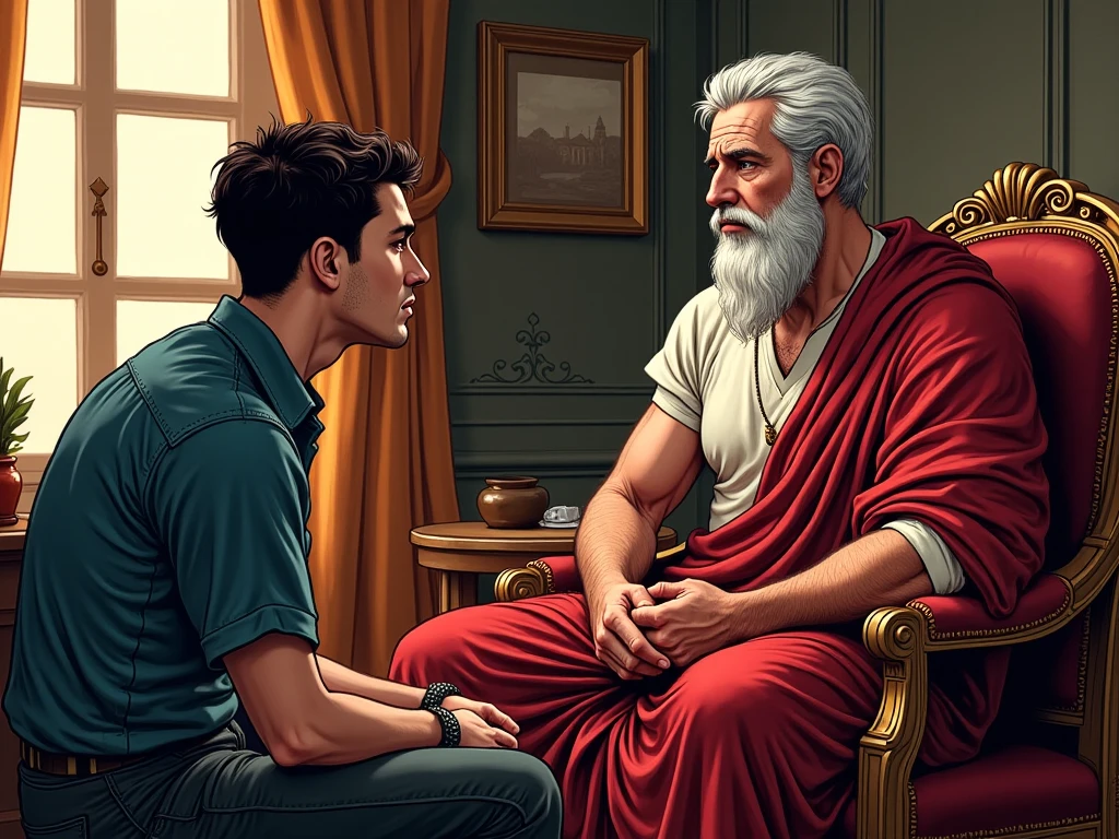 A comic-style scene showing a powerful interaction: a modern man looking confuse - SeaArt AI