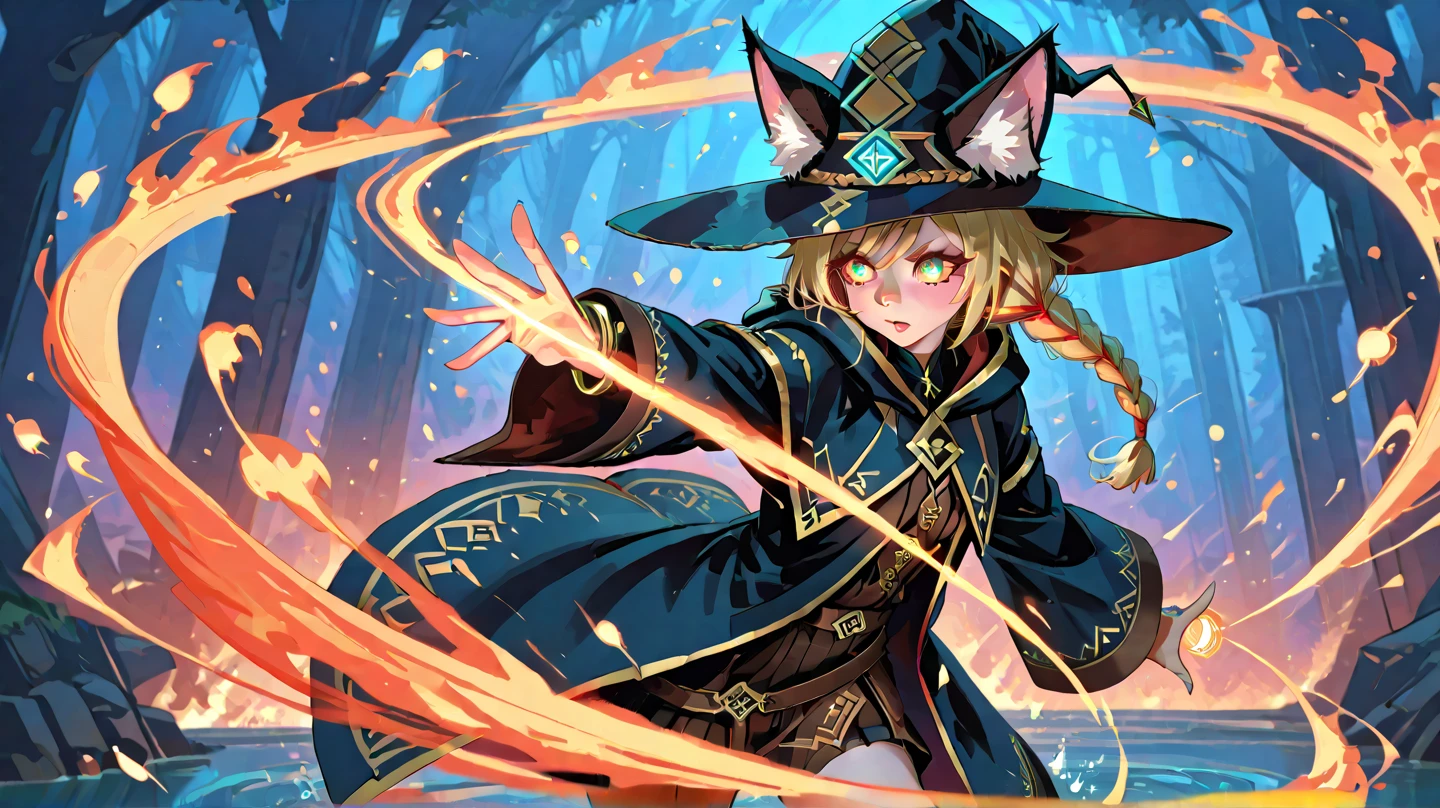 A magical anthropomorphic cat in a flowing deep blue mage robe with ...