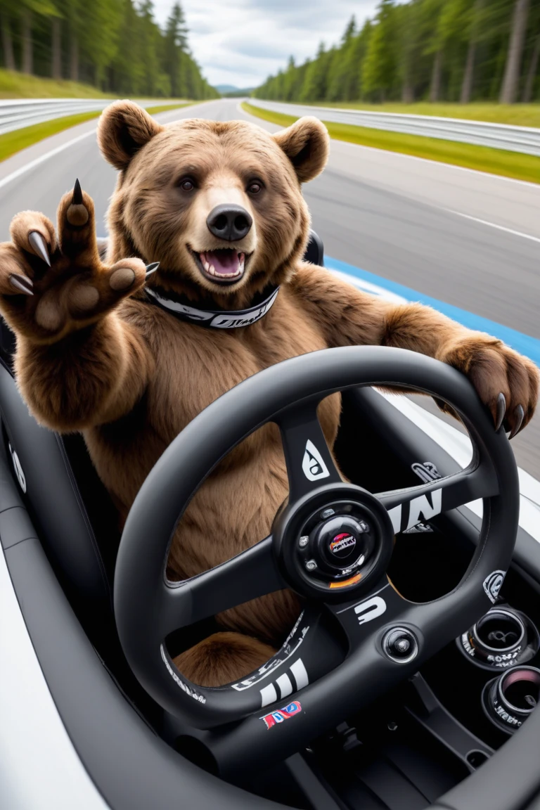 Millionaire brown bear driving like crazy a Racer, waving his claw out ...