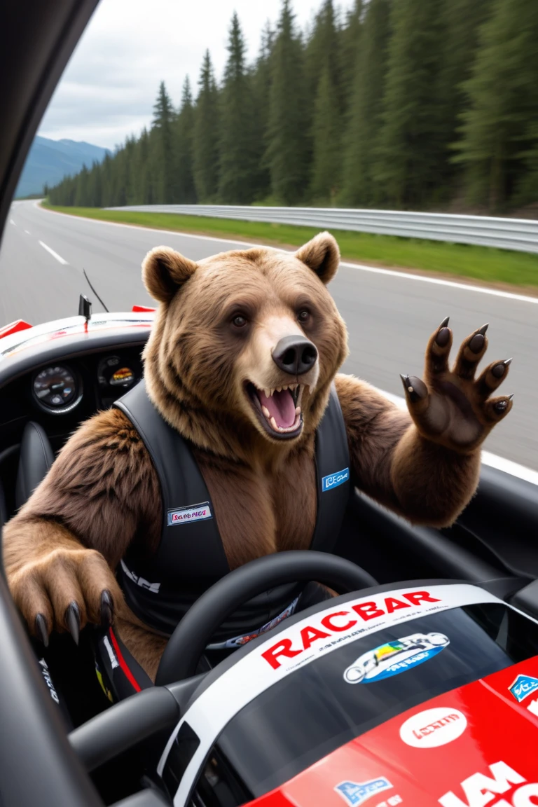 Millionaire brown bear driving like crazy a Racer, waving his claw out ...
