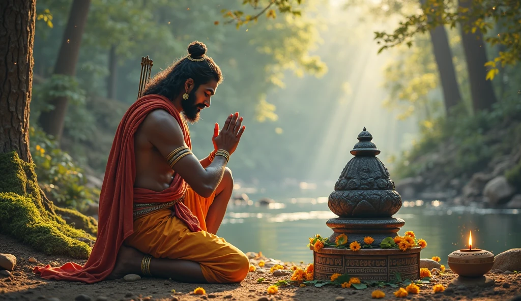 Lord Rama is shown praying reverently before a Shivling in a serene ...