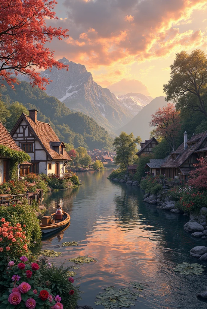A small village by the river, mountains in the background, floral ...