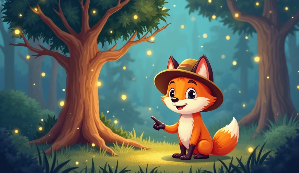 “A cute little orange fox with big eyes and a small explorer hat ...