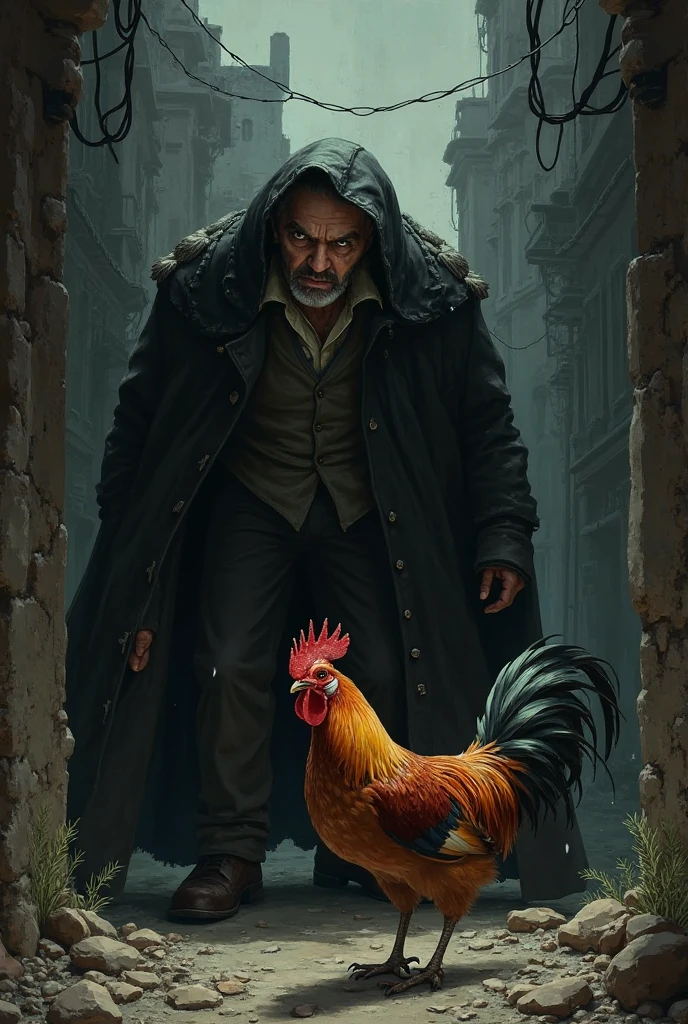 A greedy landlord watches the rooster from the shadows. - SeaArt AI