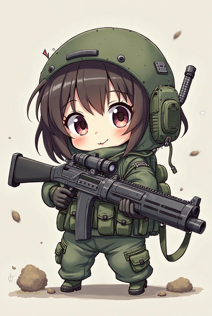 Chibi-style anime girl with military weapons up to half her body ...