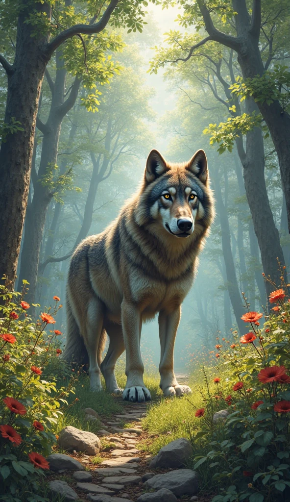 A big wolf standing in a green and yellow blooming forest landscape ...