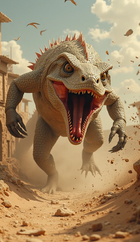 A monstrous sanda (monitor lizard) rampaging through a dry, cracked ...