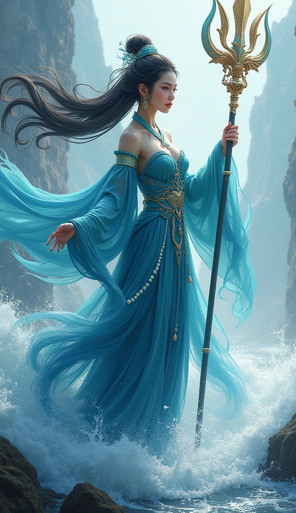 A majestic Chinese female deity in fantasy style, wielding a divine ...