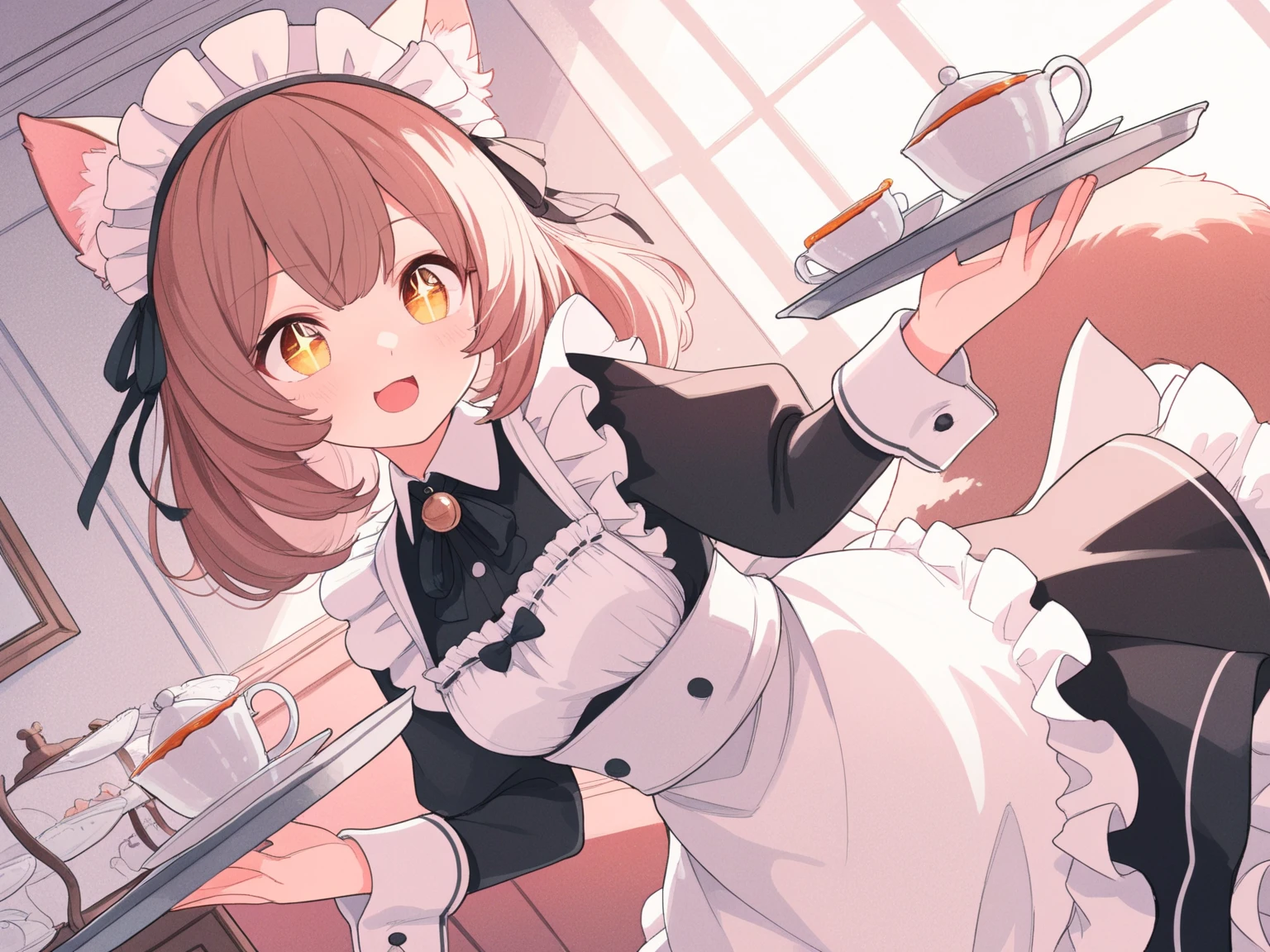 A super cute cat-eared maid with big sparkling eyes and fluffy ears ...