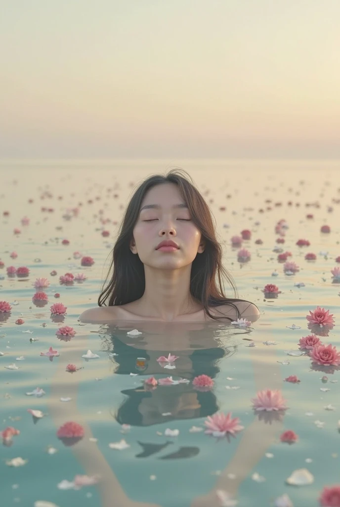 A calm, realistic female figure partially submerged in a lake filled ...