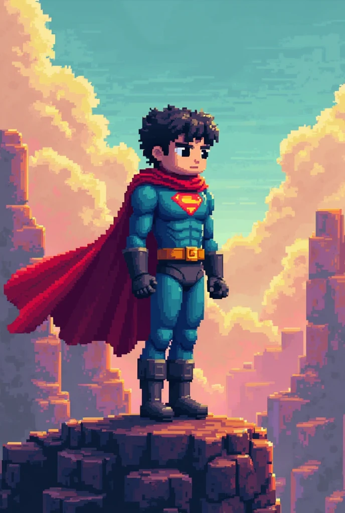 “Pixelated hero in cape, vintage game character style” dont add words ...