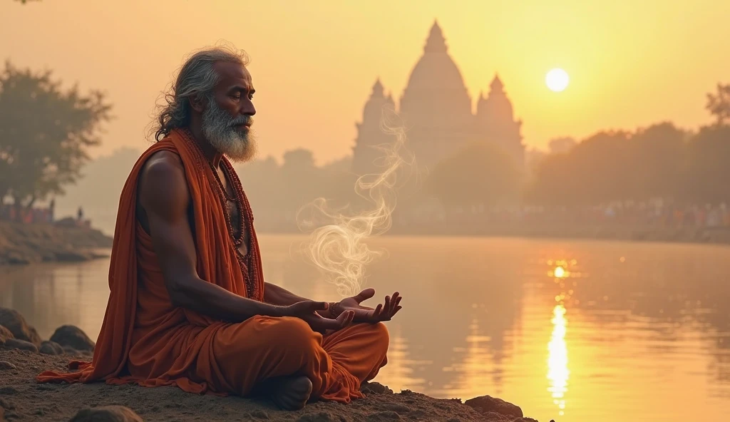 "A peaceful image of a sadhu (Hindu monk) sitting by the banks of the ...