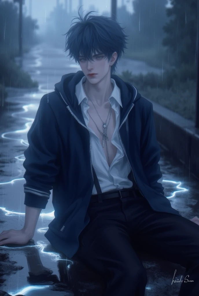 Sharp featured age boy, messy blue-black hair, pale skin, cold ...