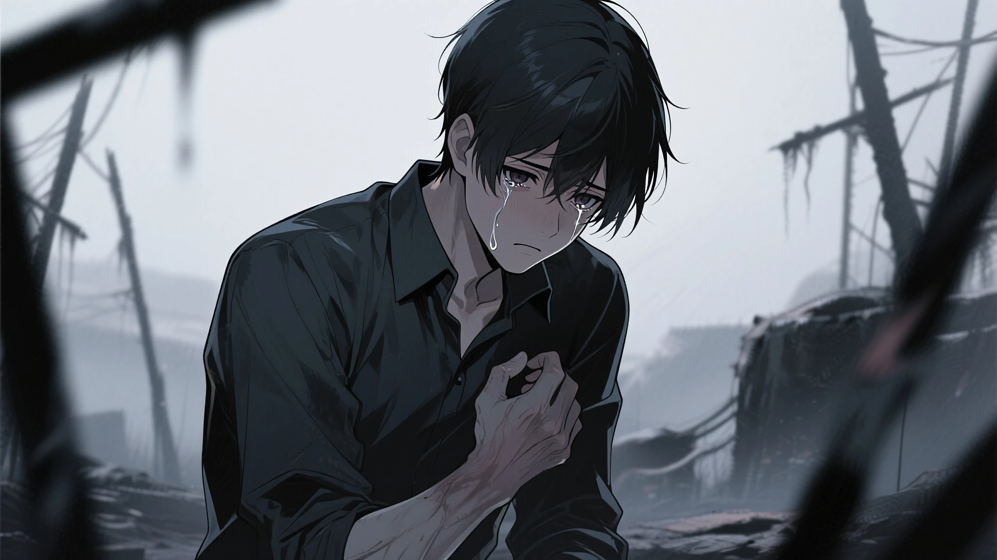 Anime style, (((man))), This sad one is suffocating desperation - SeaArt AI