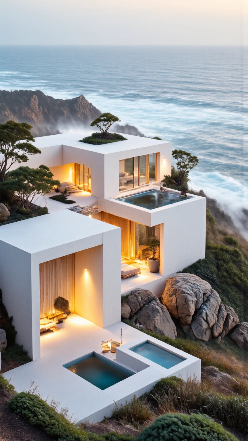 Minimalist dreamhouse built into a coastal cliffside, smooth white ...