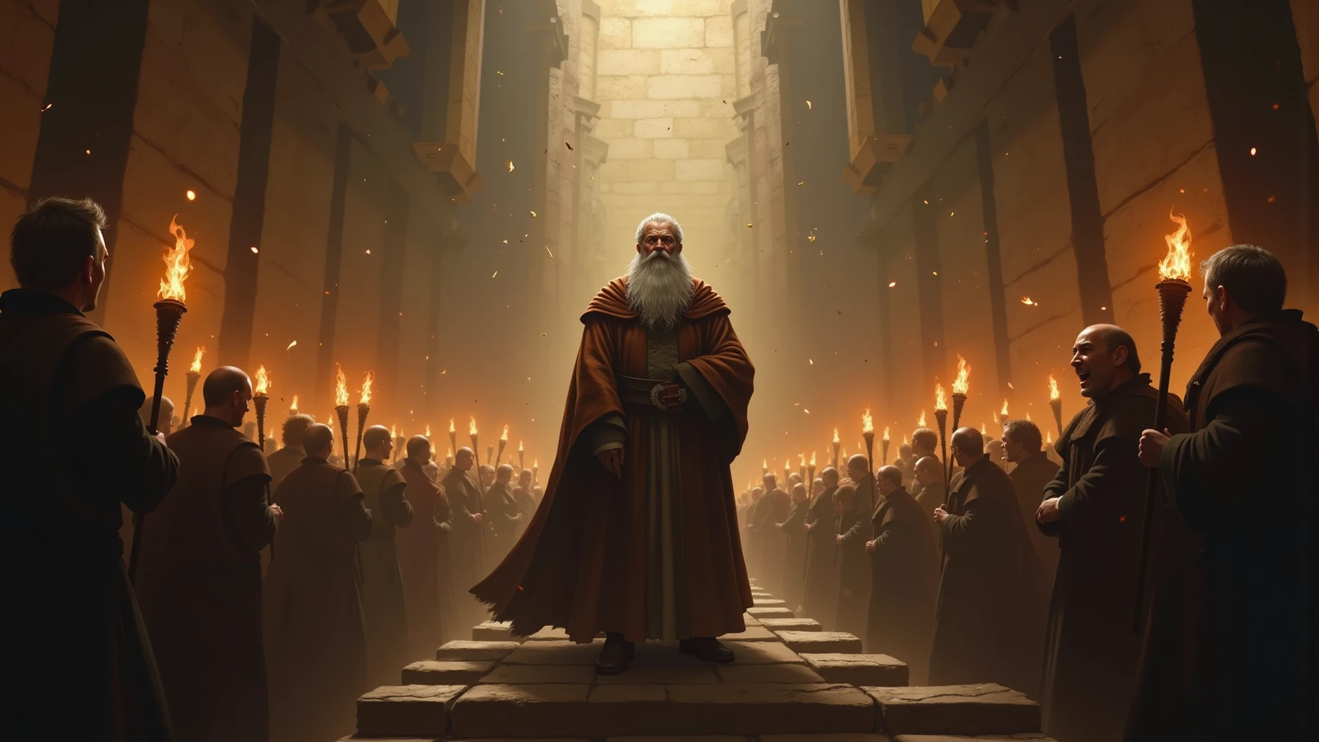 A scholar standing calm on a stone dais as roaring courtiers surround ...